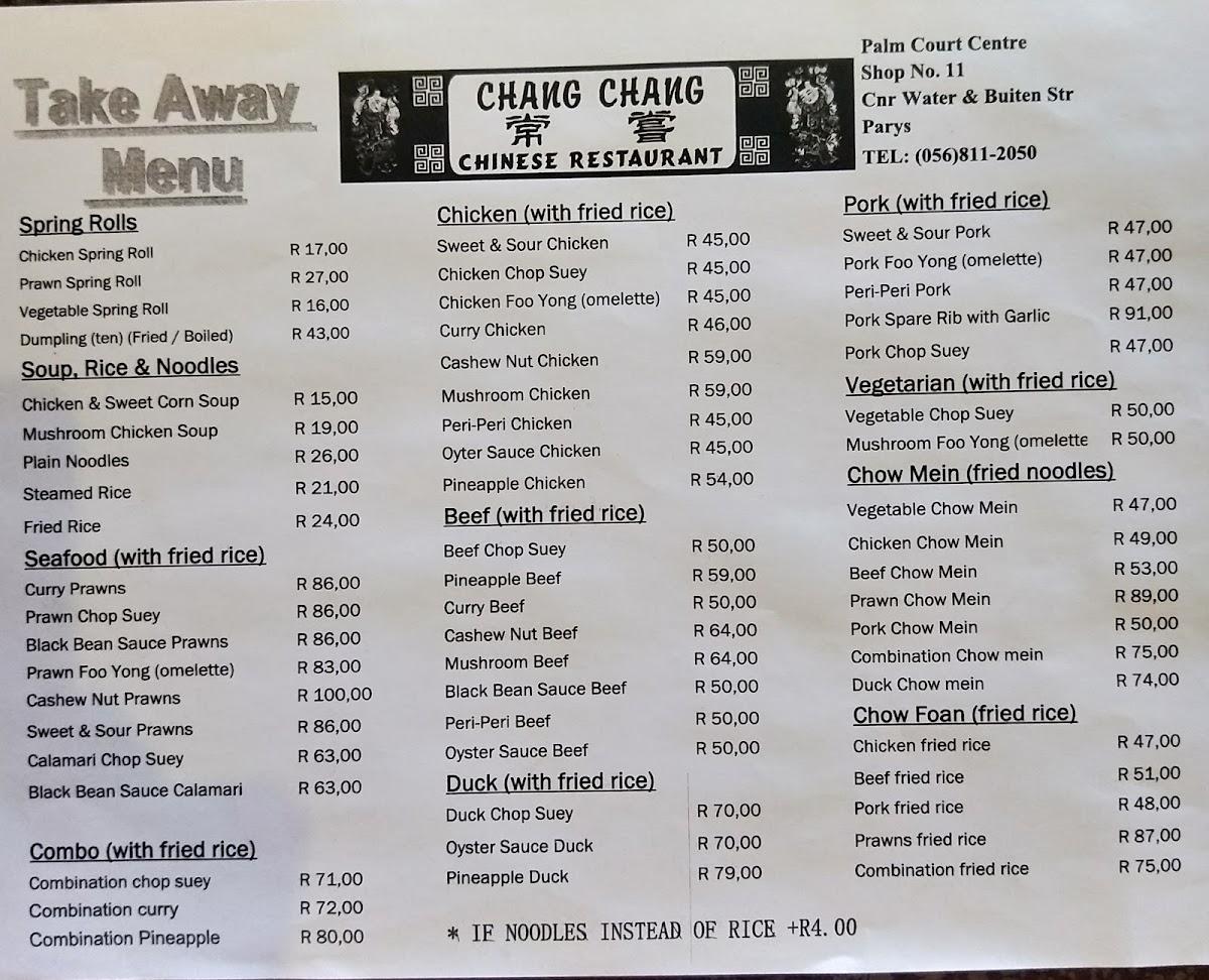 Menu at Chang Chang Chinese Restaurant., Parys