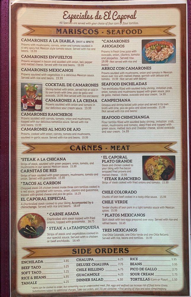 Menu at El Caporal restaurant, Prosser