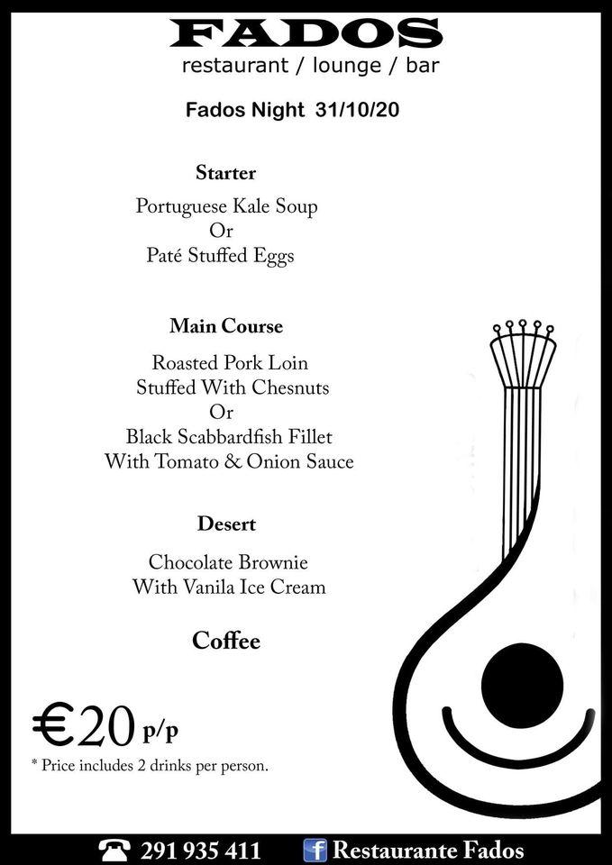 Menu at Fados restaurant, Caniço