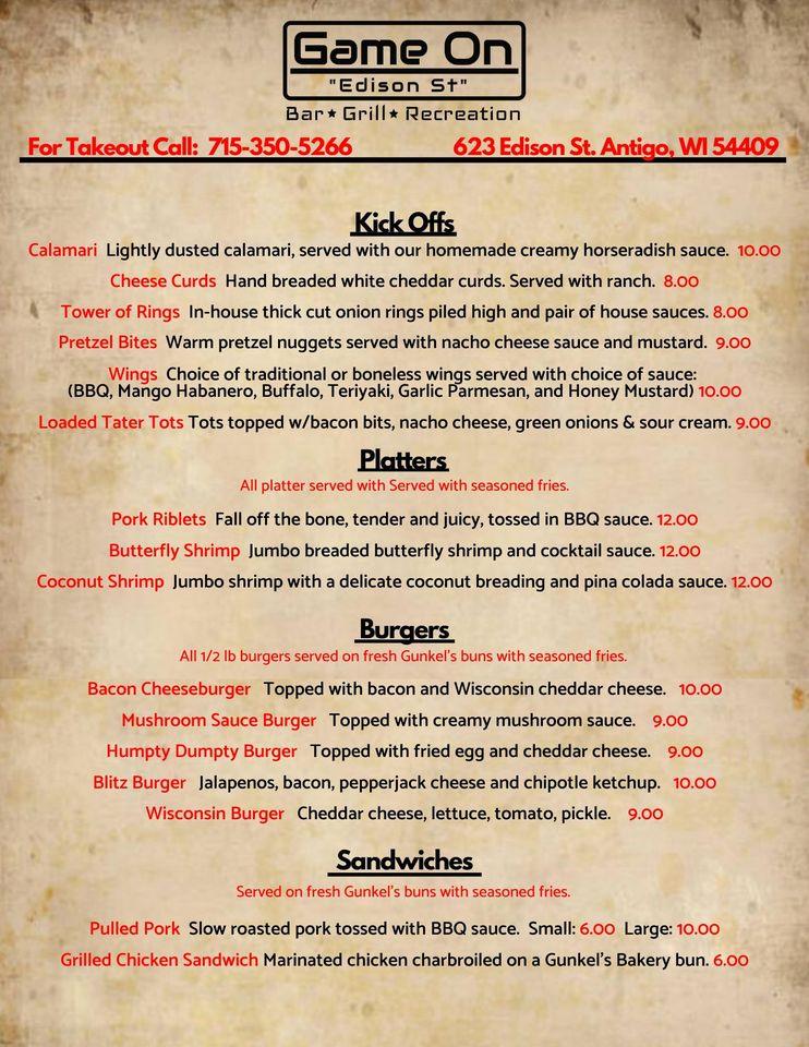 Menu at Game On pub & bar, Antigo
