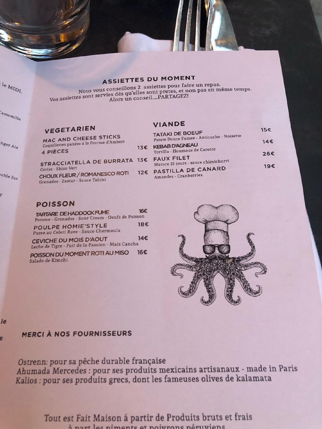 Menu at Homies Restaurant, Paris, 26 Rue Beautreillis