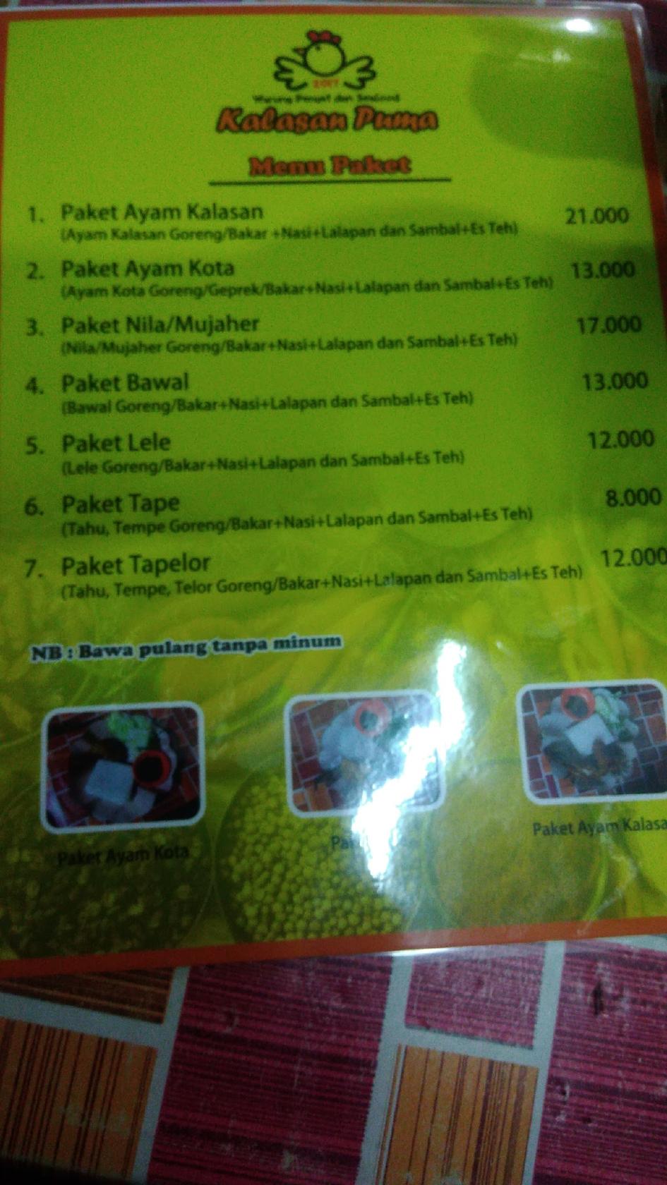 Carta del restaurante Kalasan Puma Warung Penyet dan Seafood, Semarang