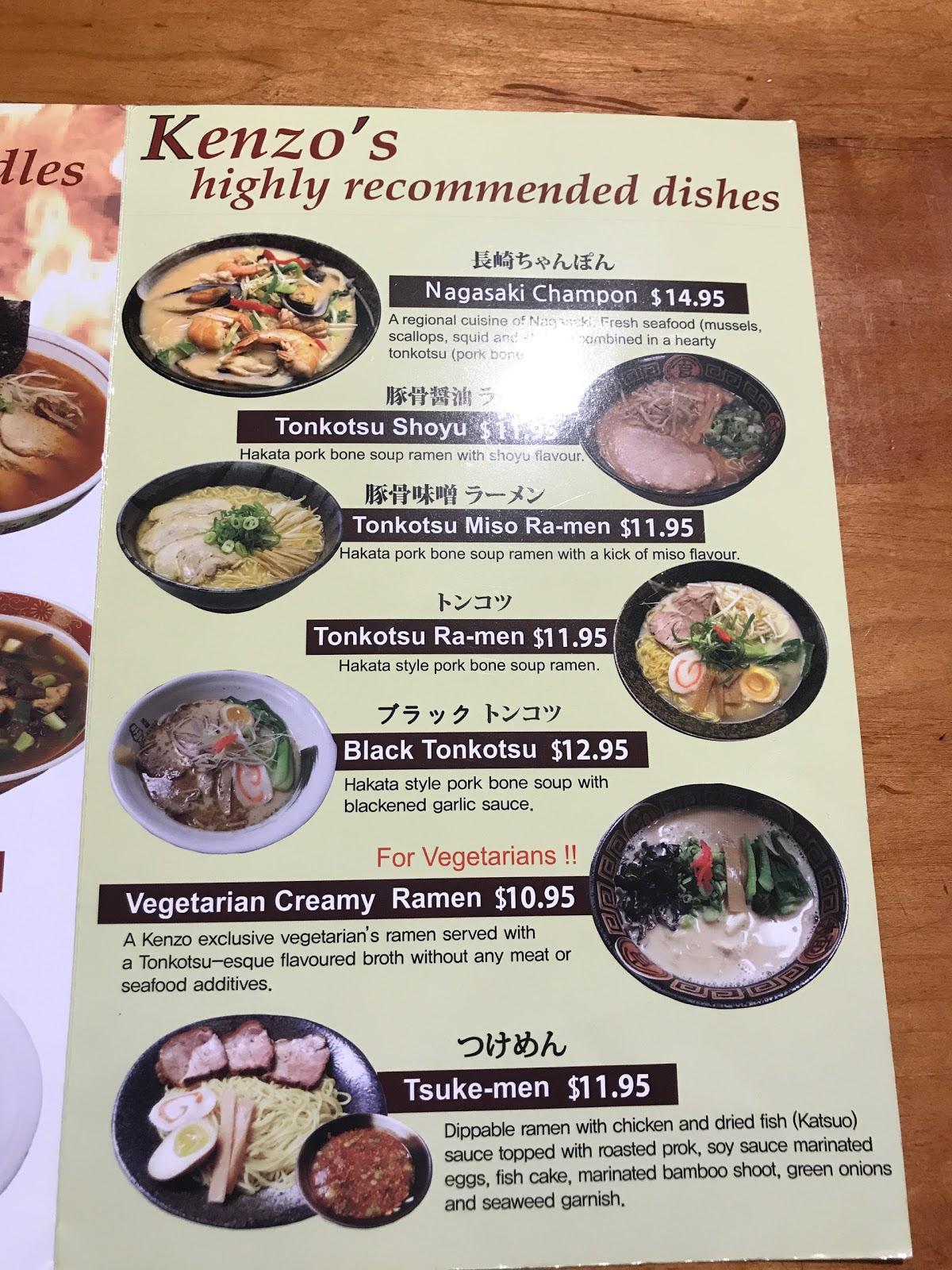 Menu at Kenzo Ramen restaurant, London