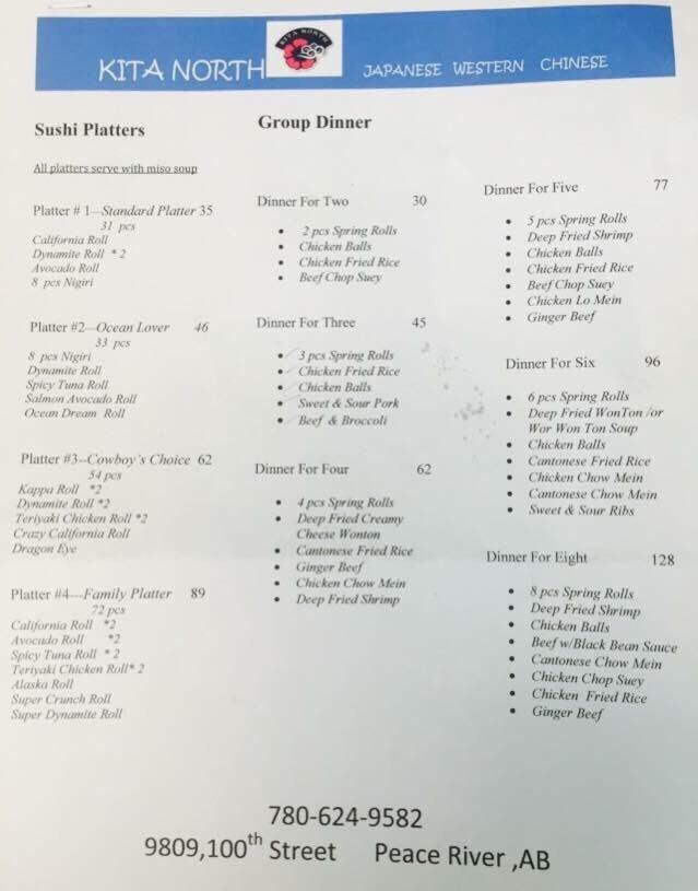Menu at Kita North Restaurant, Peace River