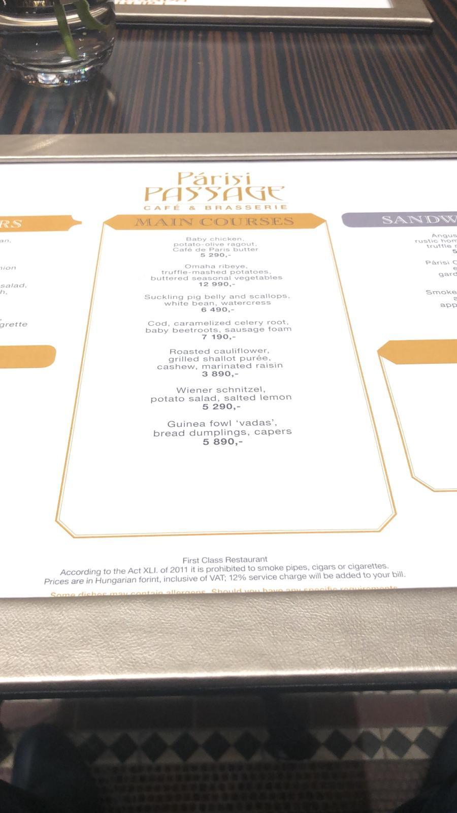 Menu at Párisi Passage Restaurant, Budapest
