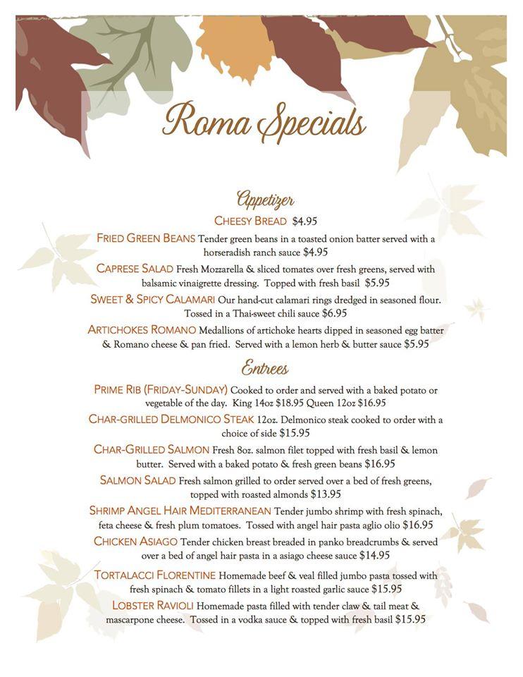 Menu at Pizza Roma Restaurant, Pittsburgh, Perry Hwy
