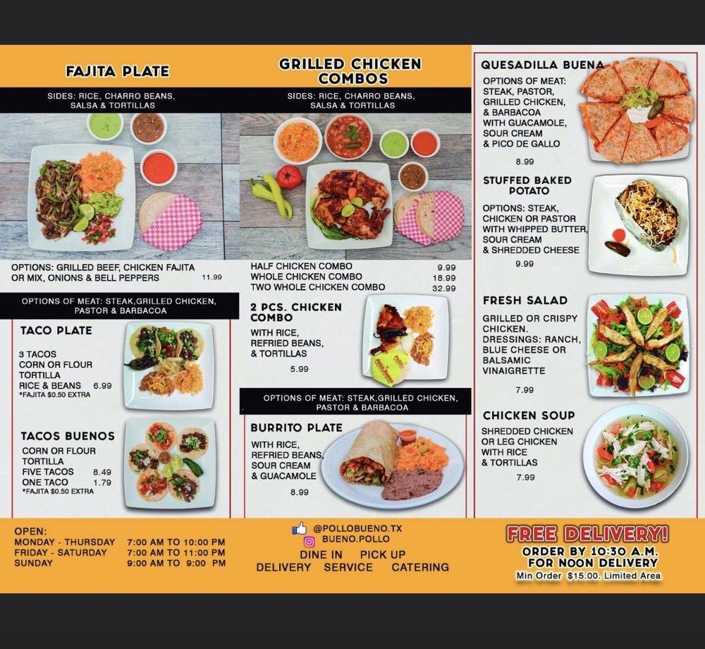 Menu at Pollo Bueno restaurant, Mount Pleasant