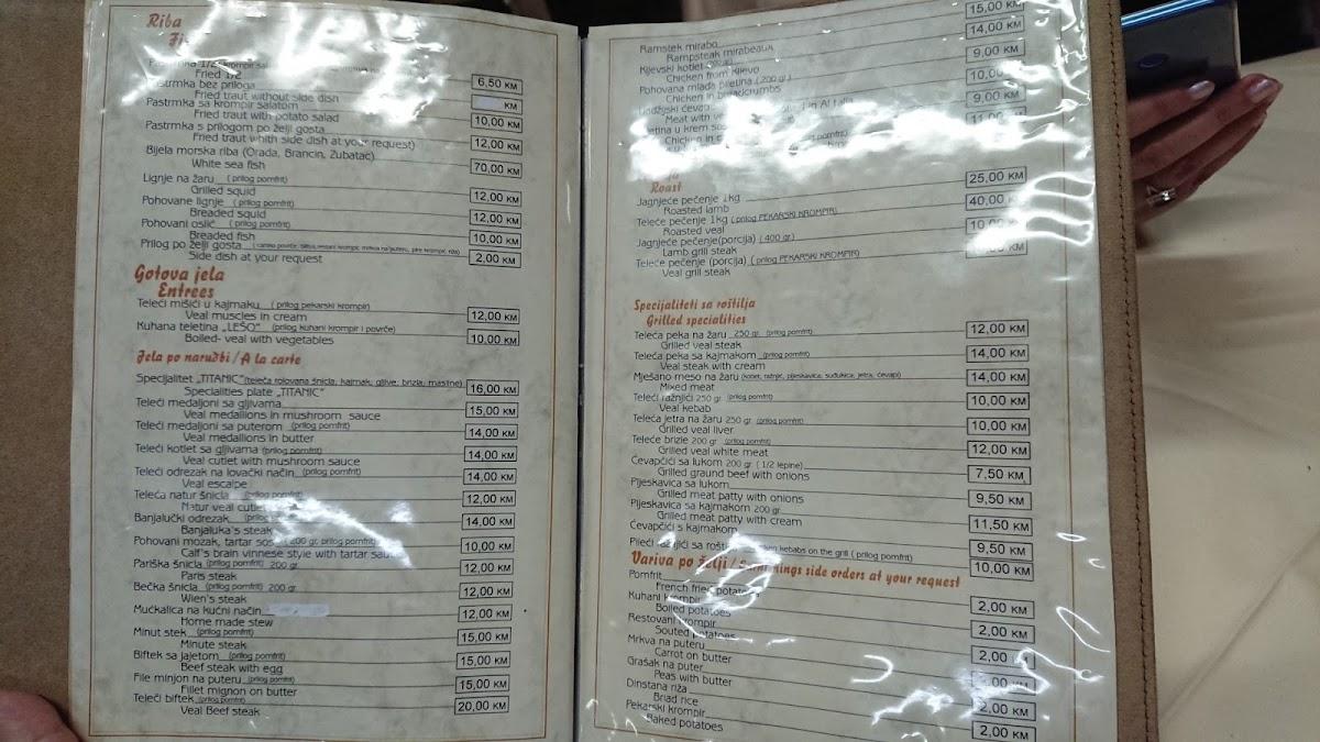 Menu at Restoran "Titanic" restaurant, Bosnia and Herzegovina, 4WMG+HP7