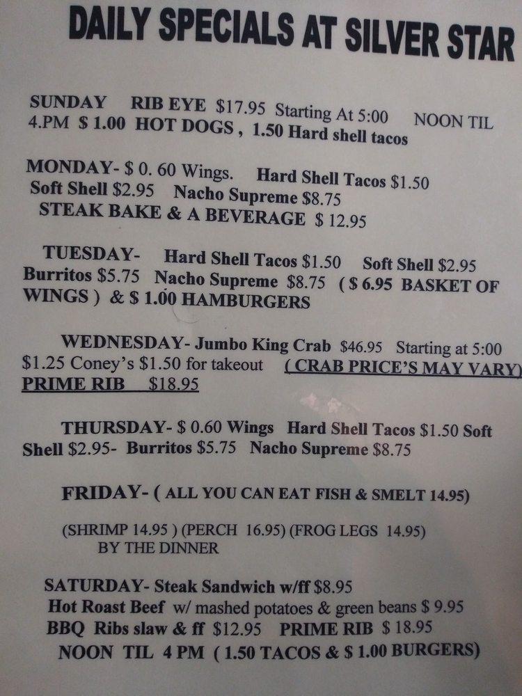 Menu at Silver star bar, Maybee