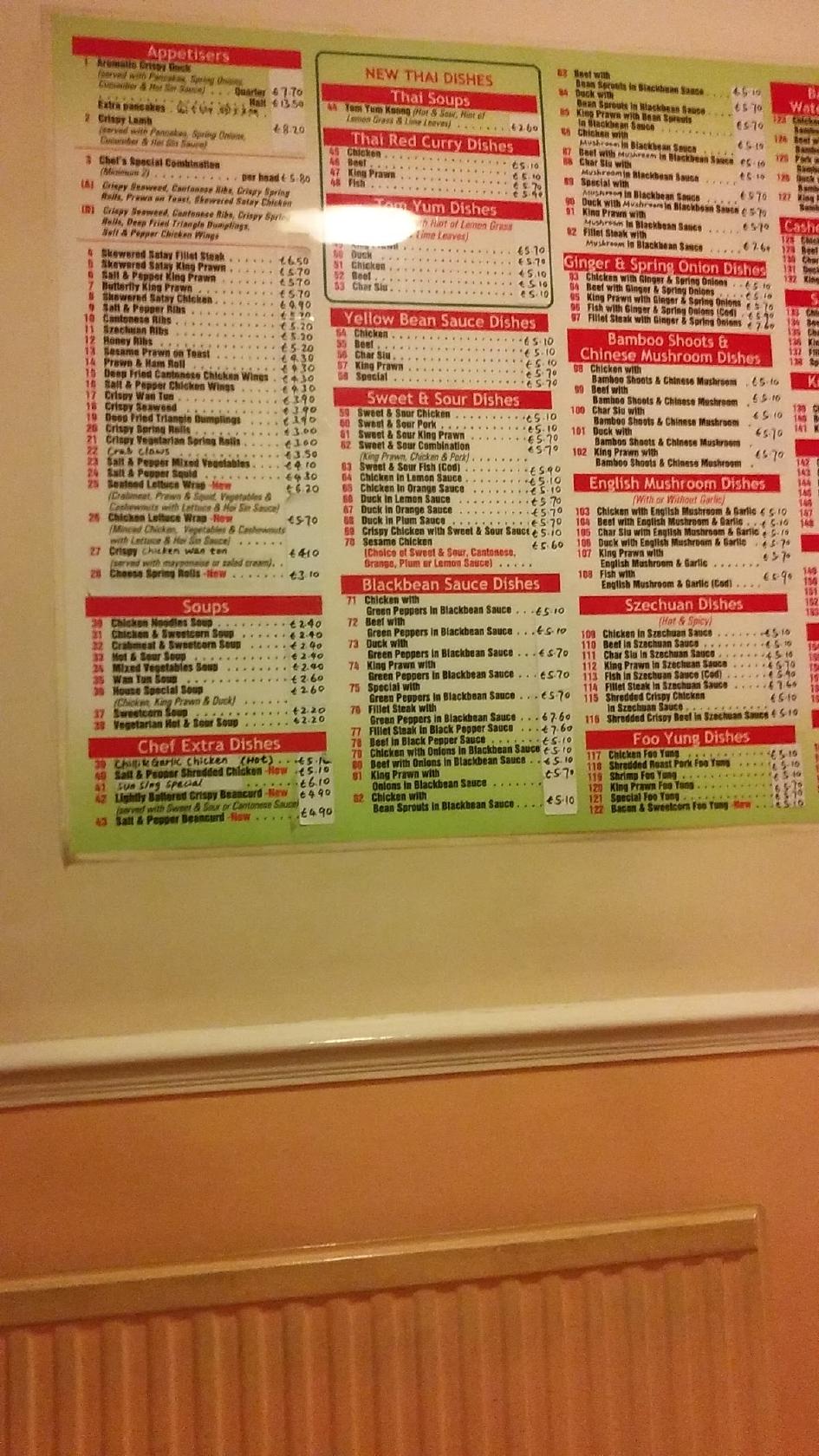 Menu at Sun Sing restaurant, Nantwich
