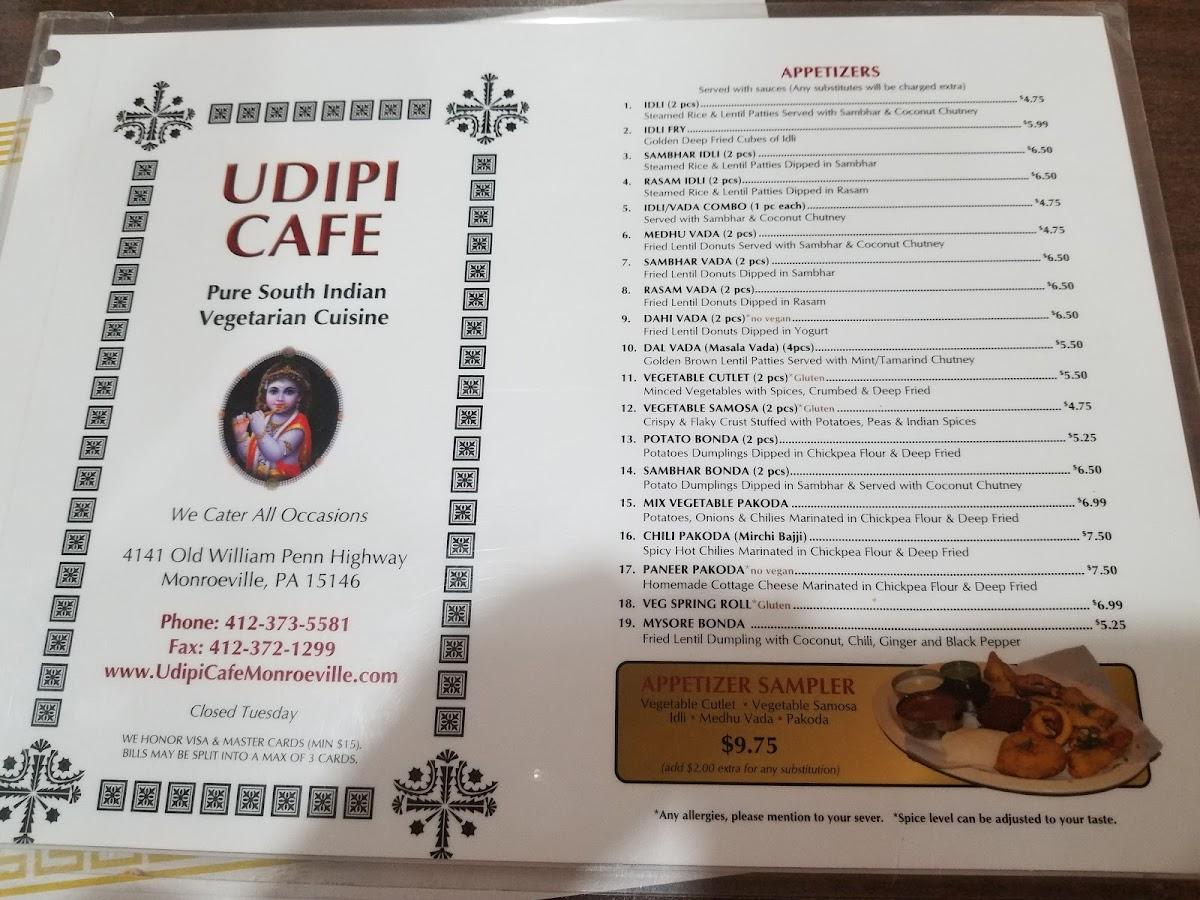 Menu at Udipi Cafe, Monroeville, Old William Penn Hwy