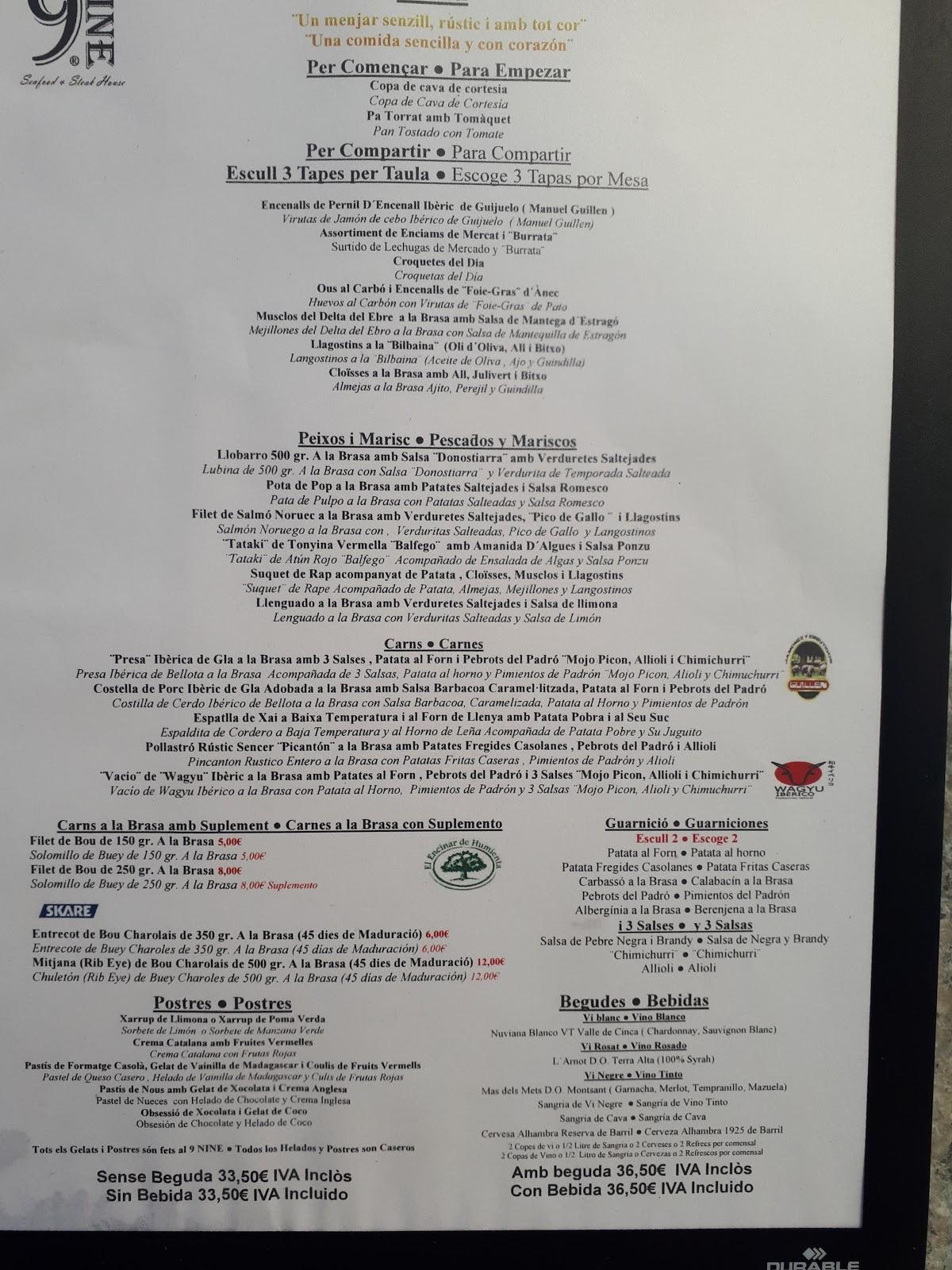 Menu at Nine Barcelona, Barcelona
