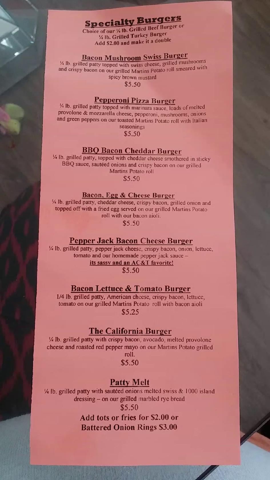 Menu at AC&T, Hagerstown, Garland Groh Blvd