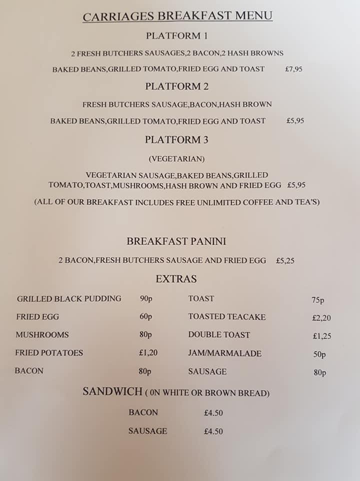 Menu at Carriages restaurant, Weston-super-Mare
