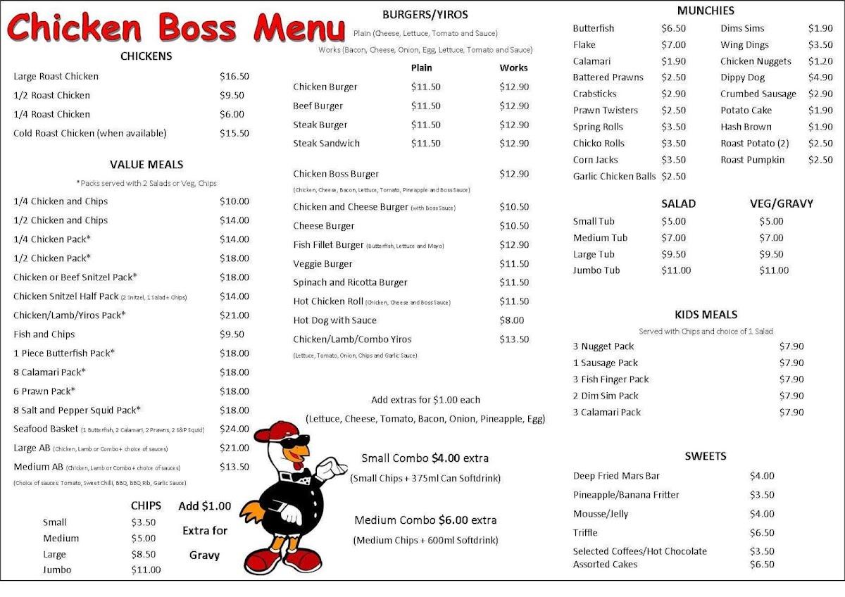 Menu at Chicken Boss restaurant, Mount Gambier
