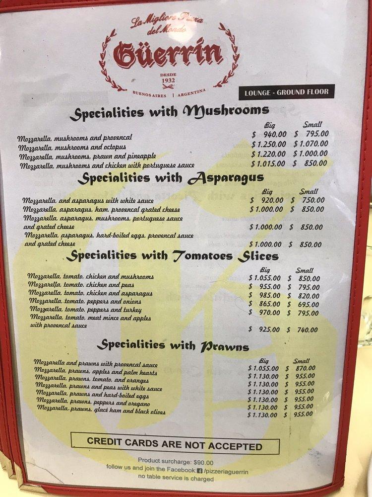 Carta de Pizzería Güerrín, Buenos Aires