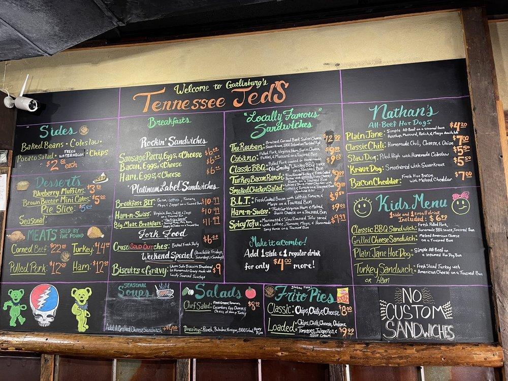 Menu at TENNESSEE JED'S cafe, Gatlinburg