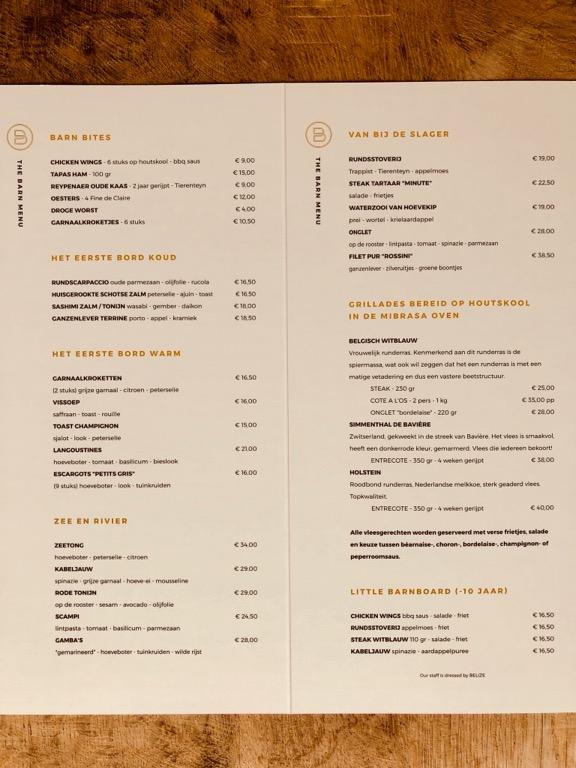 Menu at The Barn, Nevele