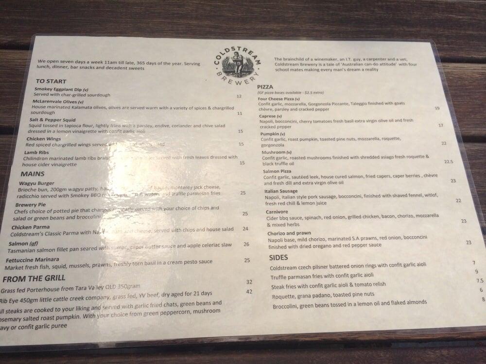 Menu at Coldstream Brewery restaurant, Coldstream