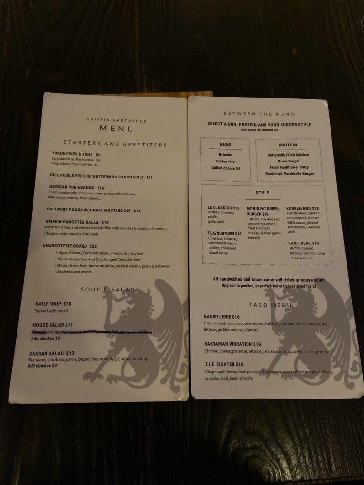 Menu at Griffin Pub, Bracebridge