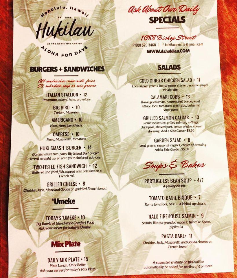 Menu at Hukilau Honolulu pub & bar, Honolulu, Bishop St LL13