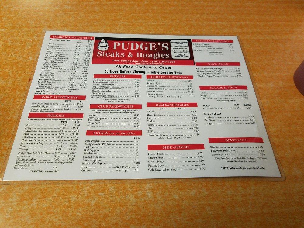 Menu at Pudges restaurant, Lansdale