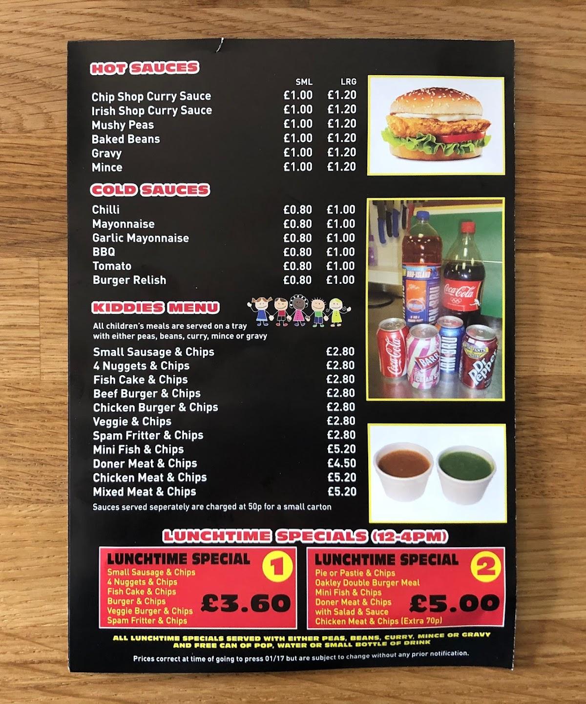 Menu at Rafferty's Chippy restaurant, Corby