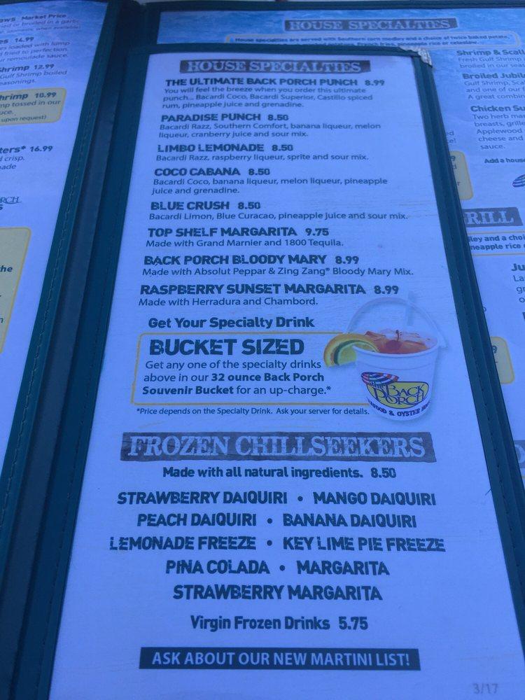Menu at The Back Porch Seafood & Oyster House restaurant, Panama City ...