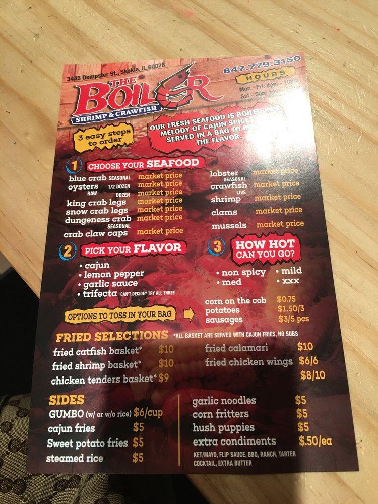 Menu at The Boiler Shrimp & Crawfish restaurant, Skokie