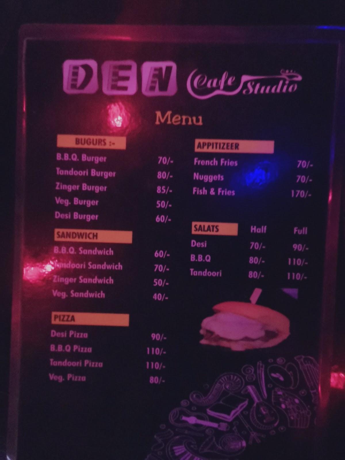 Menu at Den cafe and studio, Hyderabad