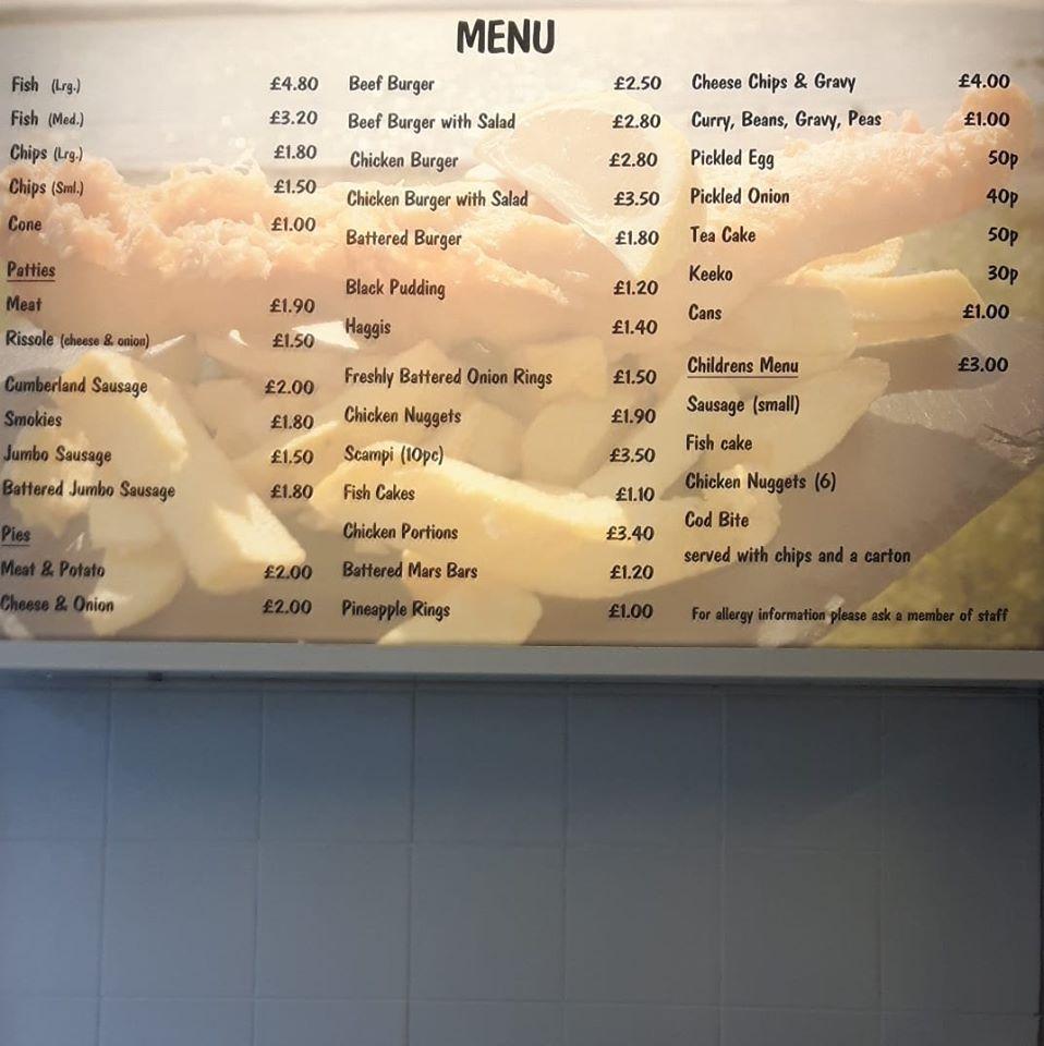 Menu at Jim's Plaice restaurant, Maryport