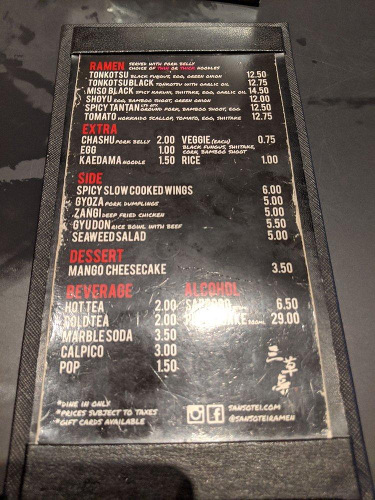Menu at Sansotei Ramen restaurant, Ottawa, 153 Bank St