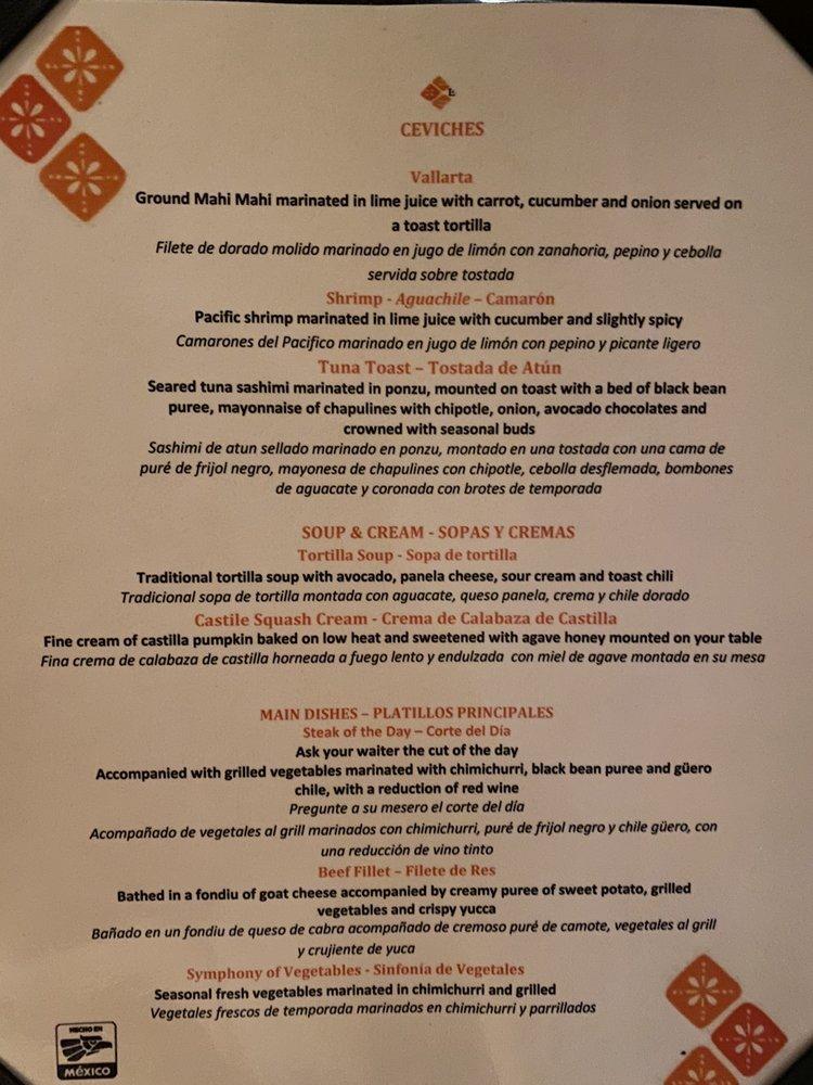 Menu at Tamarindo restaurant, Puerto Vallarta