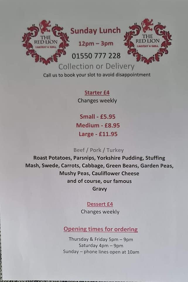 Menu at The Red Lion Hotel pub & bar, Llangadog