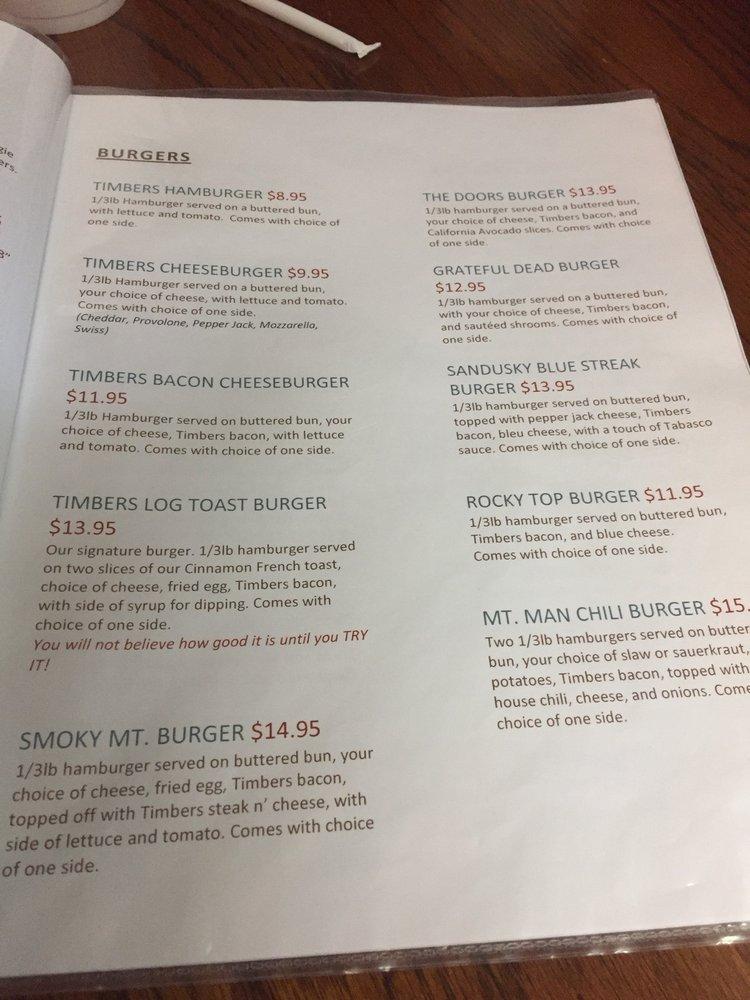 Menu at Timbers Log Cabin Restaurant, Gatlinburg, 600 Glades Rd #10