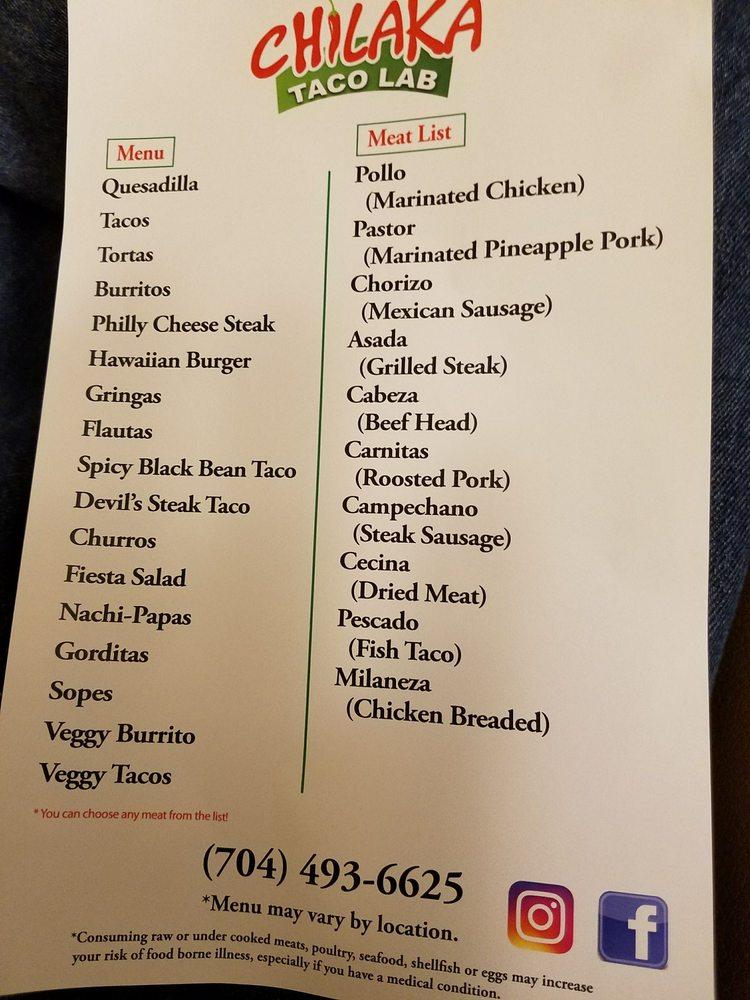Menu at Chilaka TacoLab restaurant, Charlotte