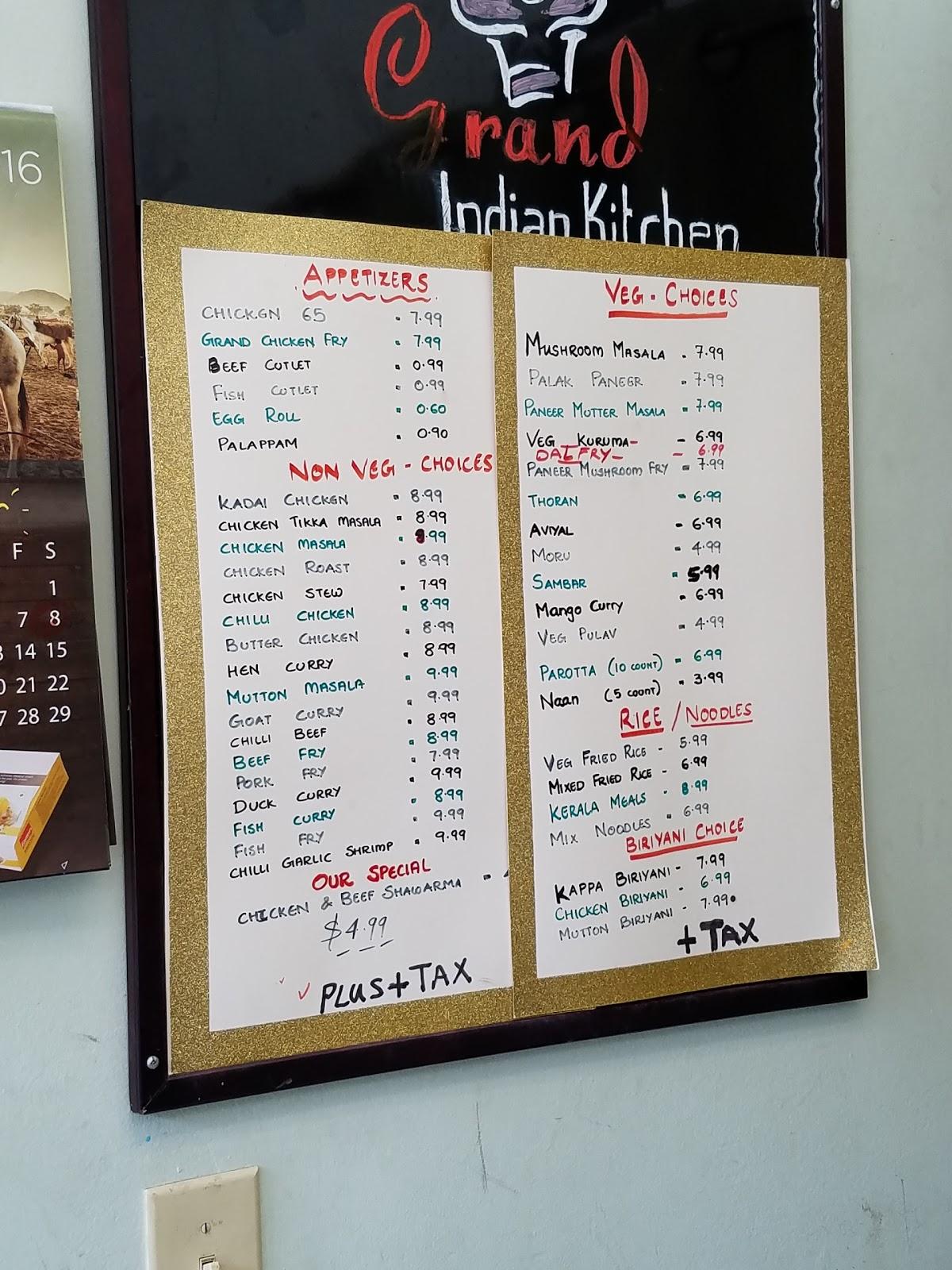 Menu at Grand Indian Kitchen restaurant, Missouri City, Hwy 6