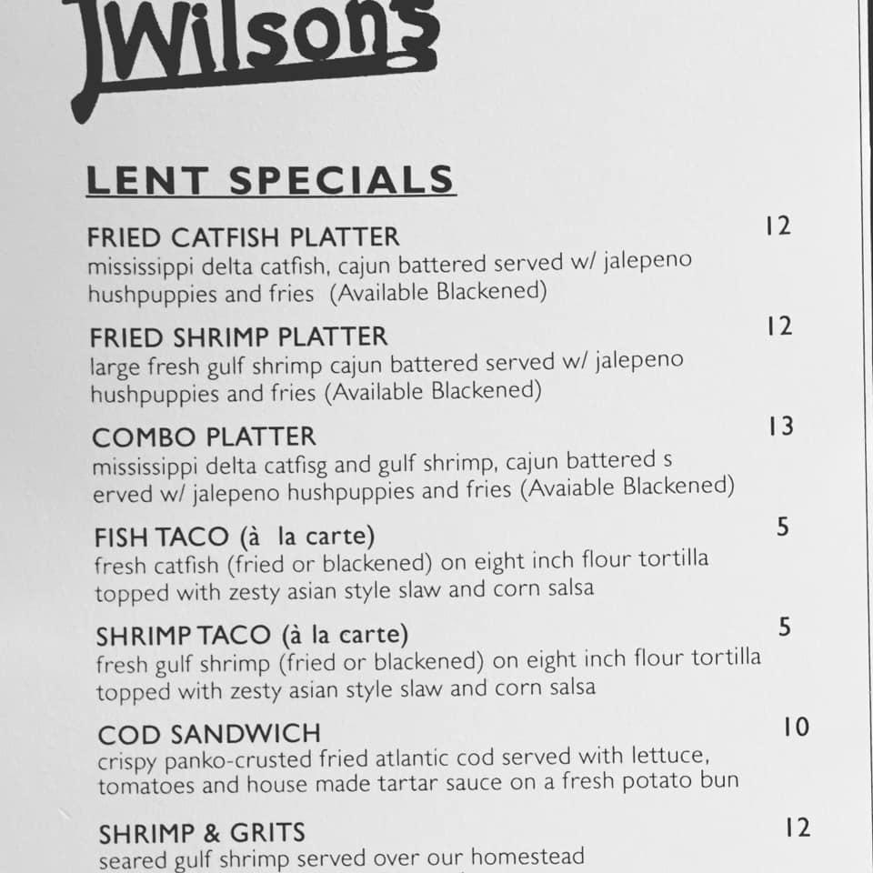 Menu at JWilson's pub & bar, Beaumont
