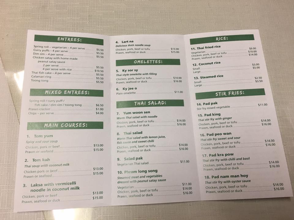 Menu at J.Y Thai restaurant, Warwick
