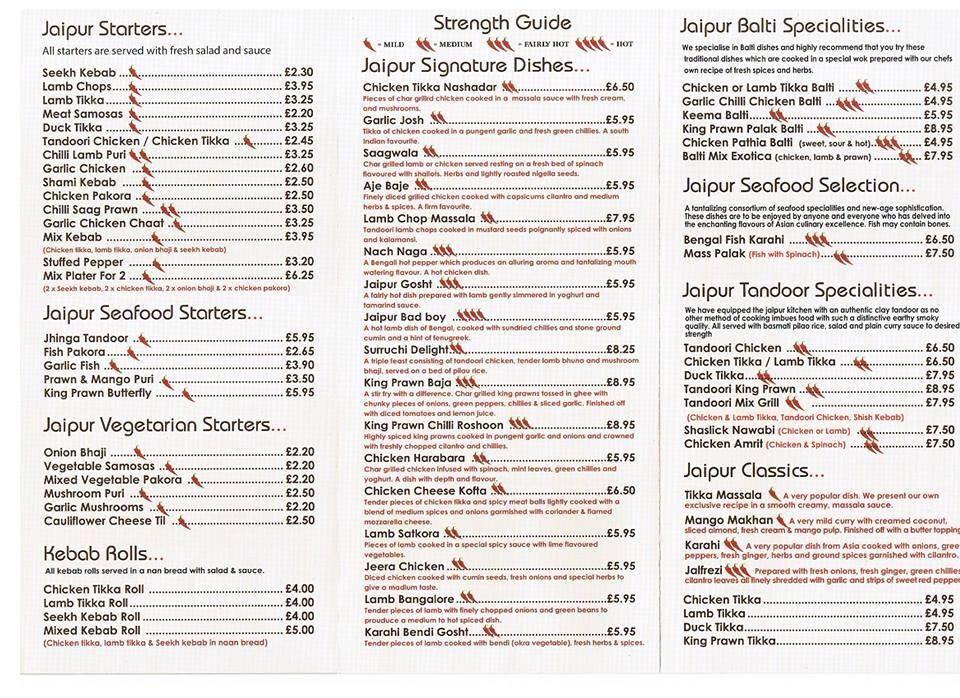 Menu at Jaipur Indian restaurant and takeaway Colne, Colne