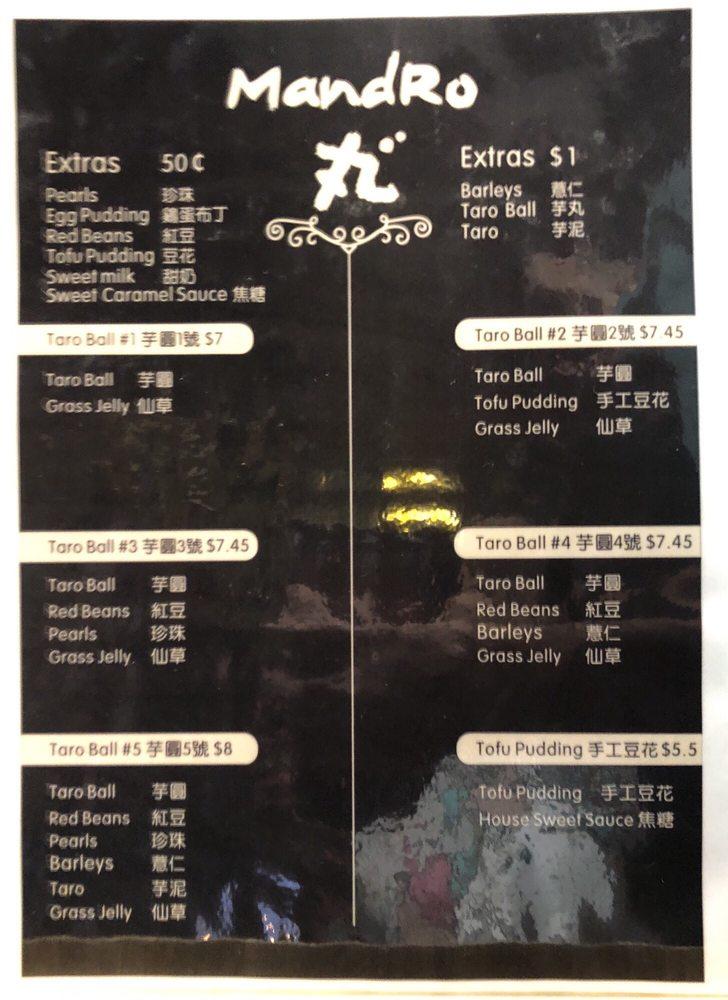 Menu at MandRo Teahouse restaurant, Milpitas