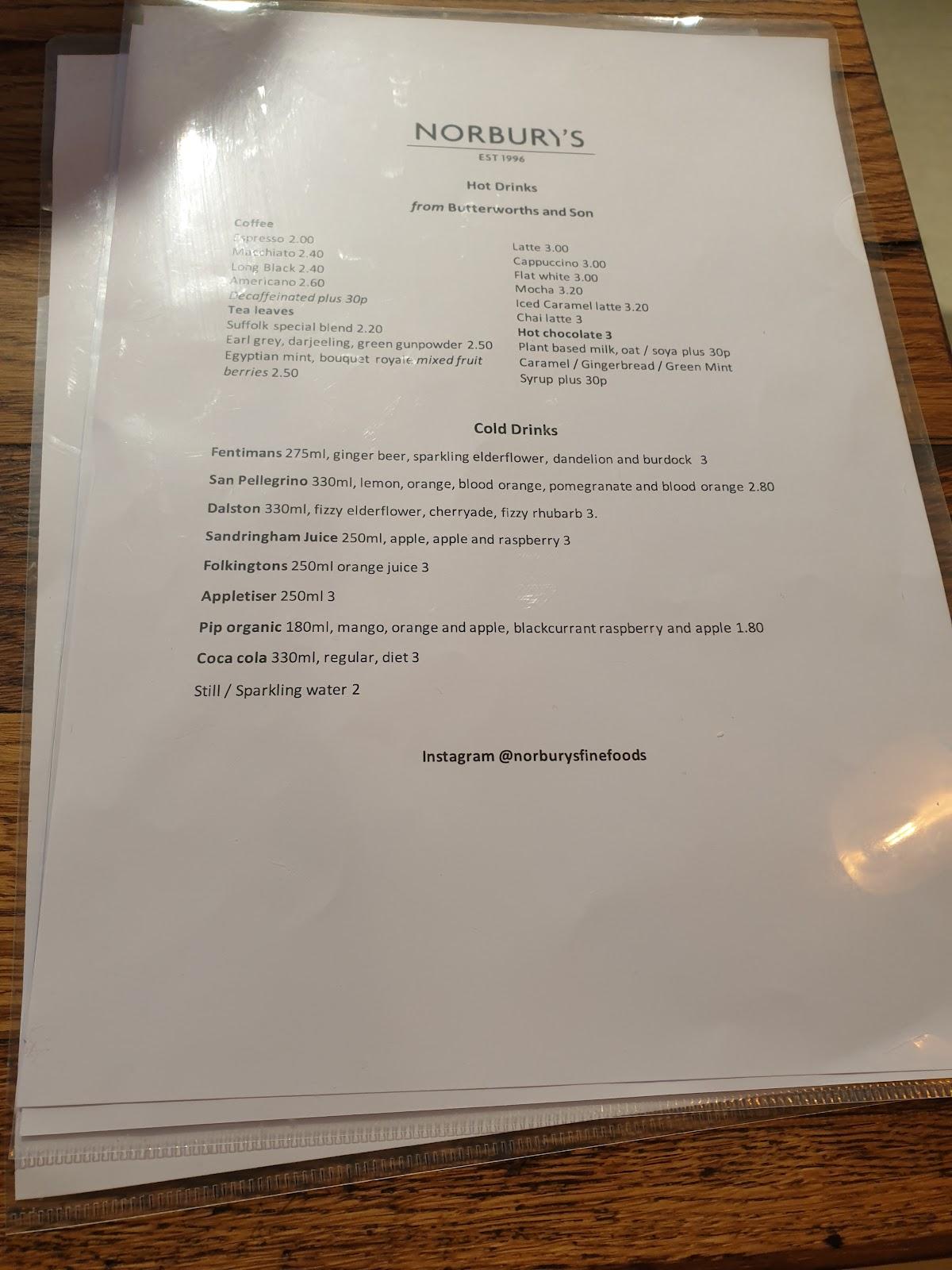 Menu at Norbury's cafe, King's Lynn