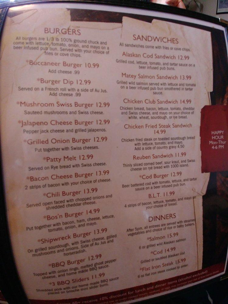 Menu at Pirates Cove Pub, Ocean Shores