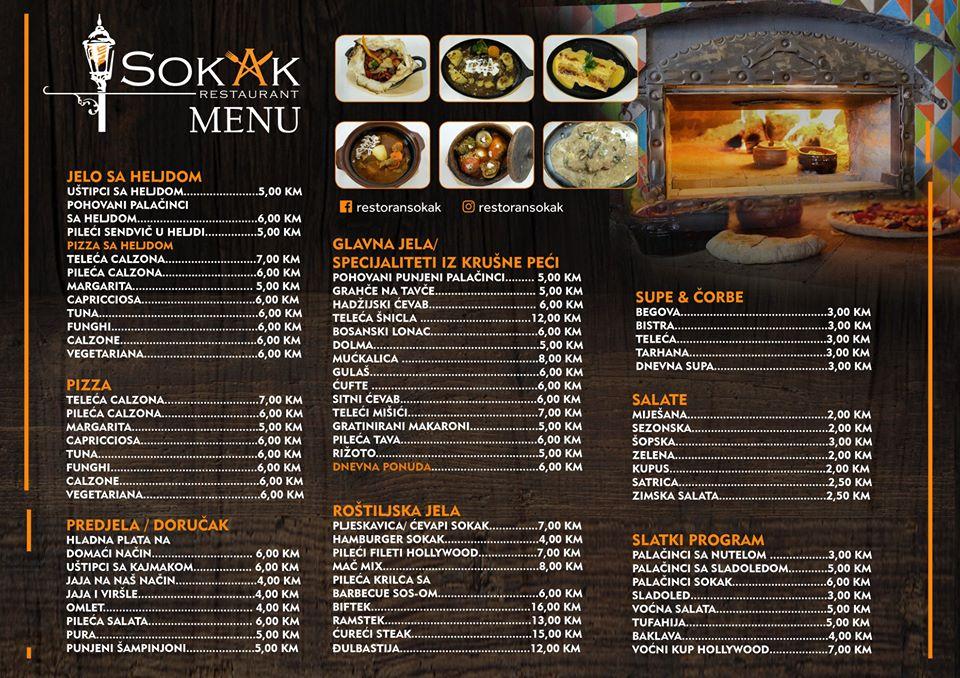 Menu at Restoran SOKAK restaurant, Sarajevo