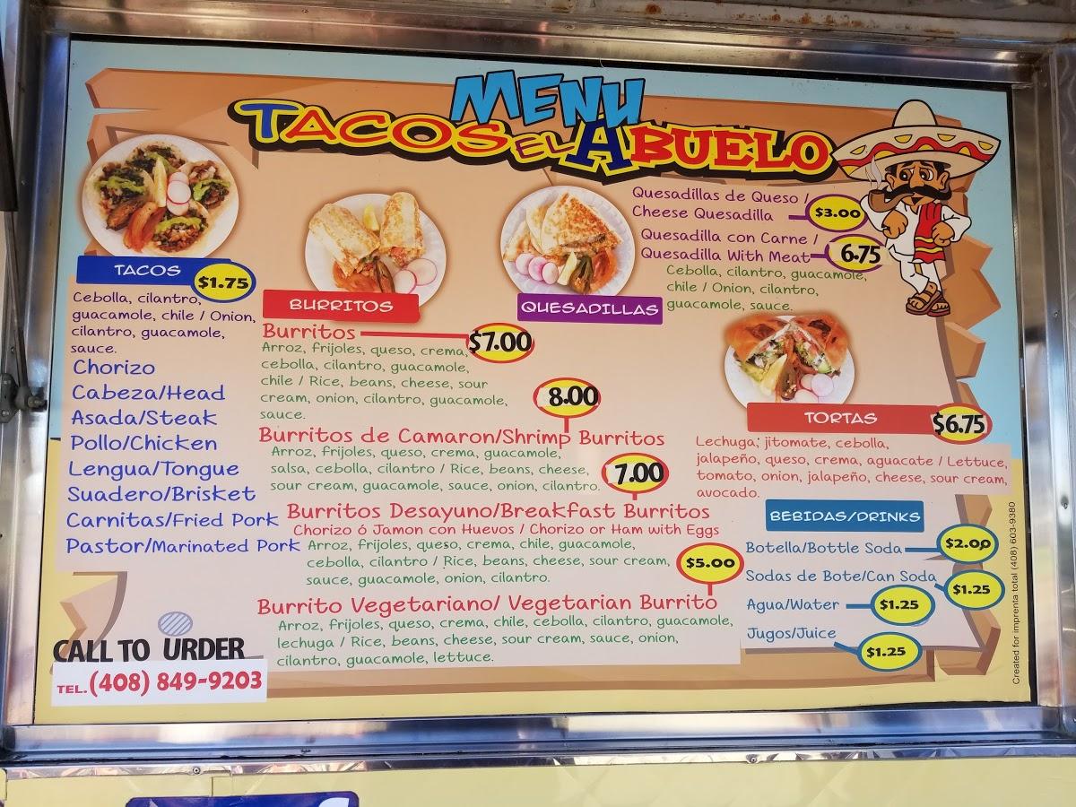 Menu at Tacos el Abuelo restaurant, Gilroy, Masten Ave