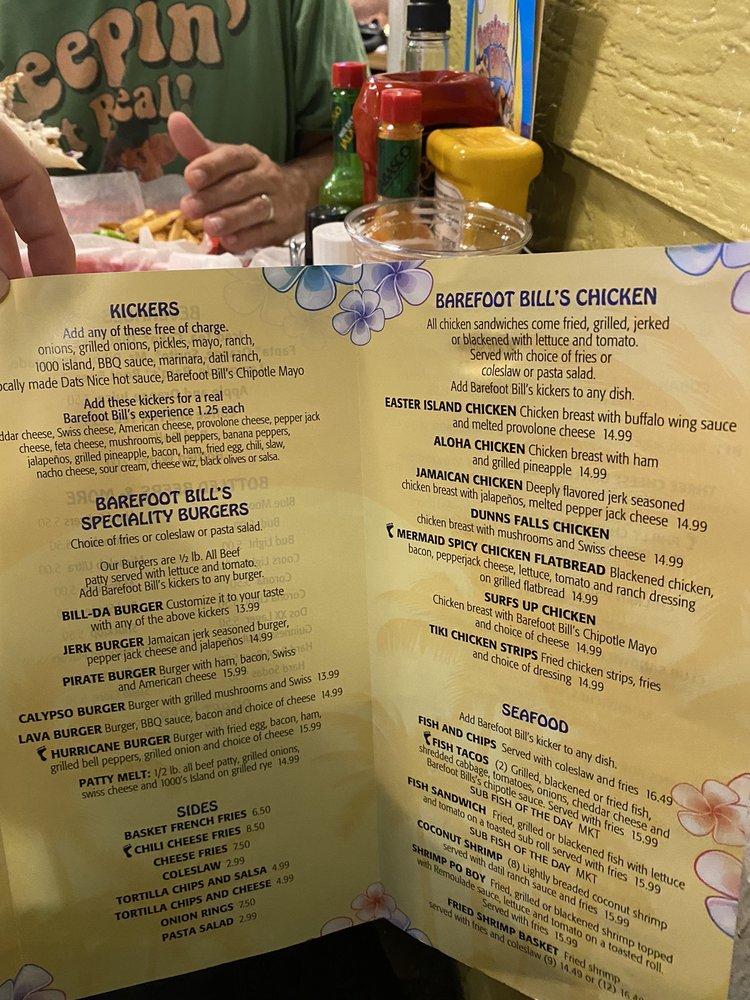 Menu at Barefoot Bill's Island Grill, St. Augustine