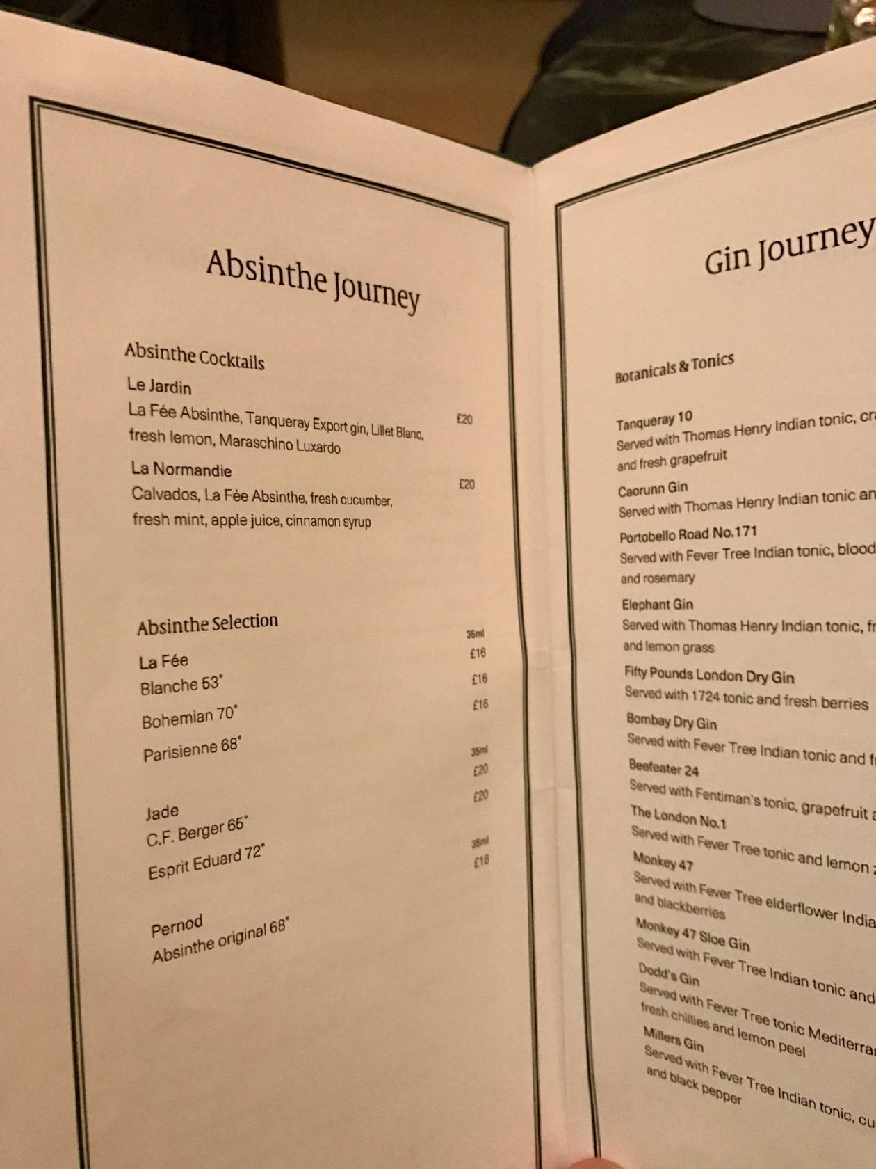 Menu at Green Bar, London, Hotel Café Royal