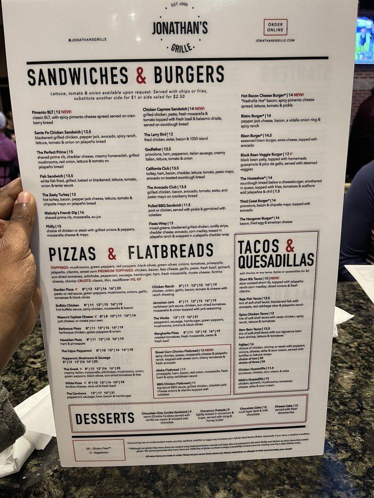Menu at Jonathan's Grille pub & bar, Madison