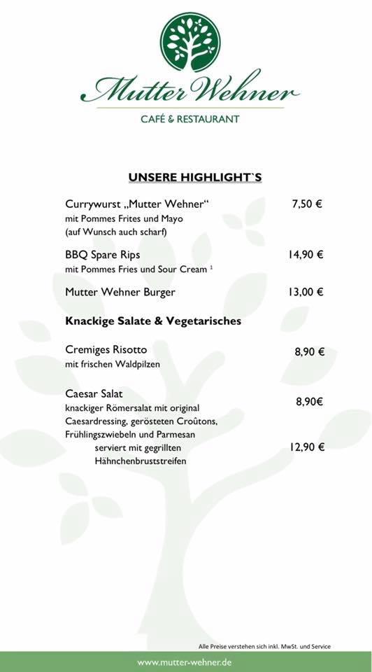 Speisekarte von Gaststätte Mutter Wehner restaurant, Oer-Erkenschwick ...
