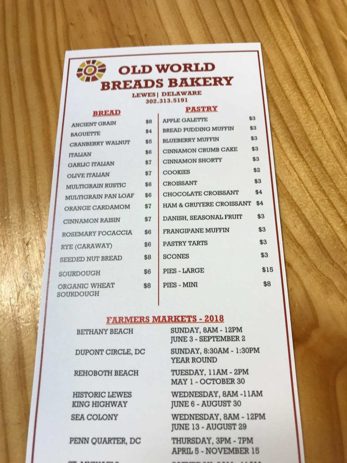 Menu at Old World Breads Bakery, Lewes